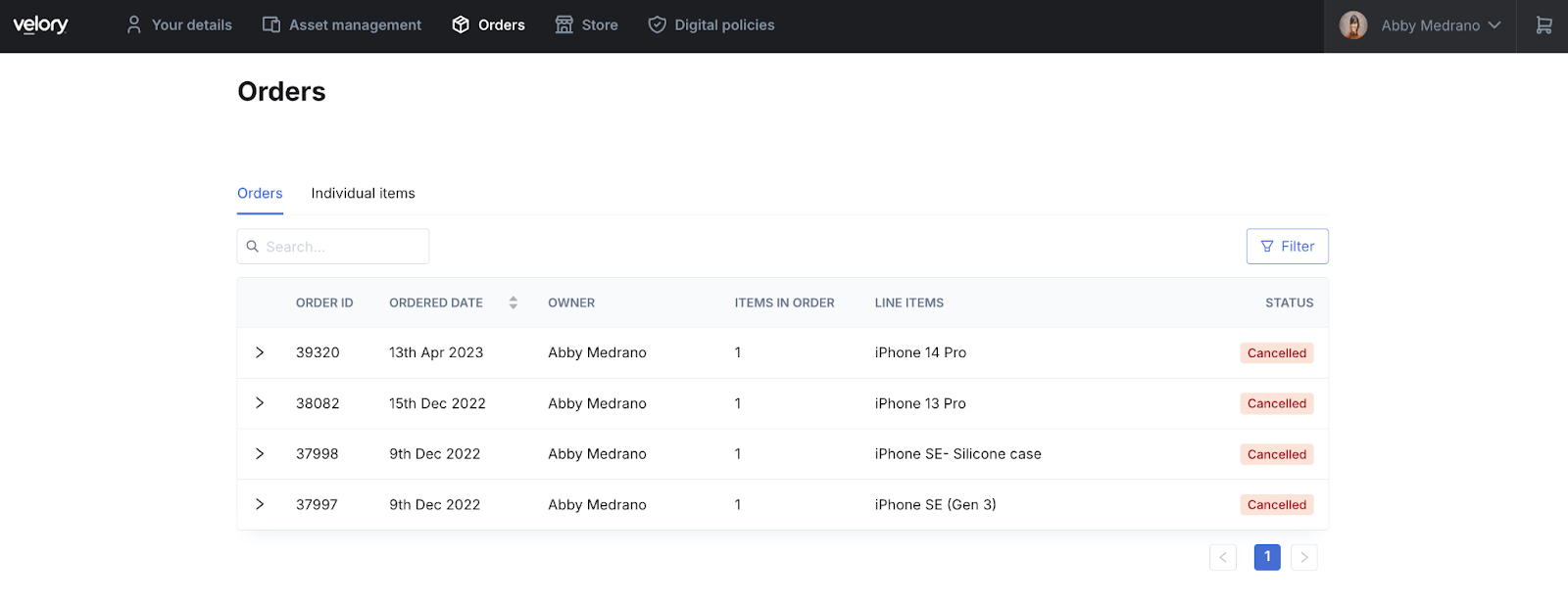 Order information and history – Velory Helpcenter