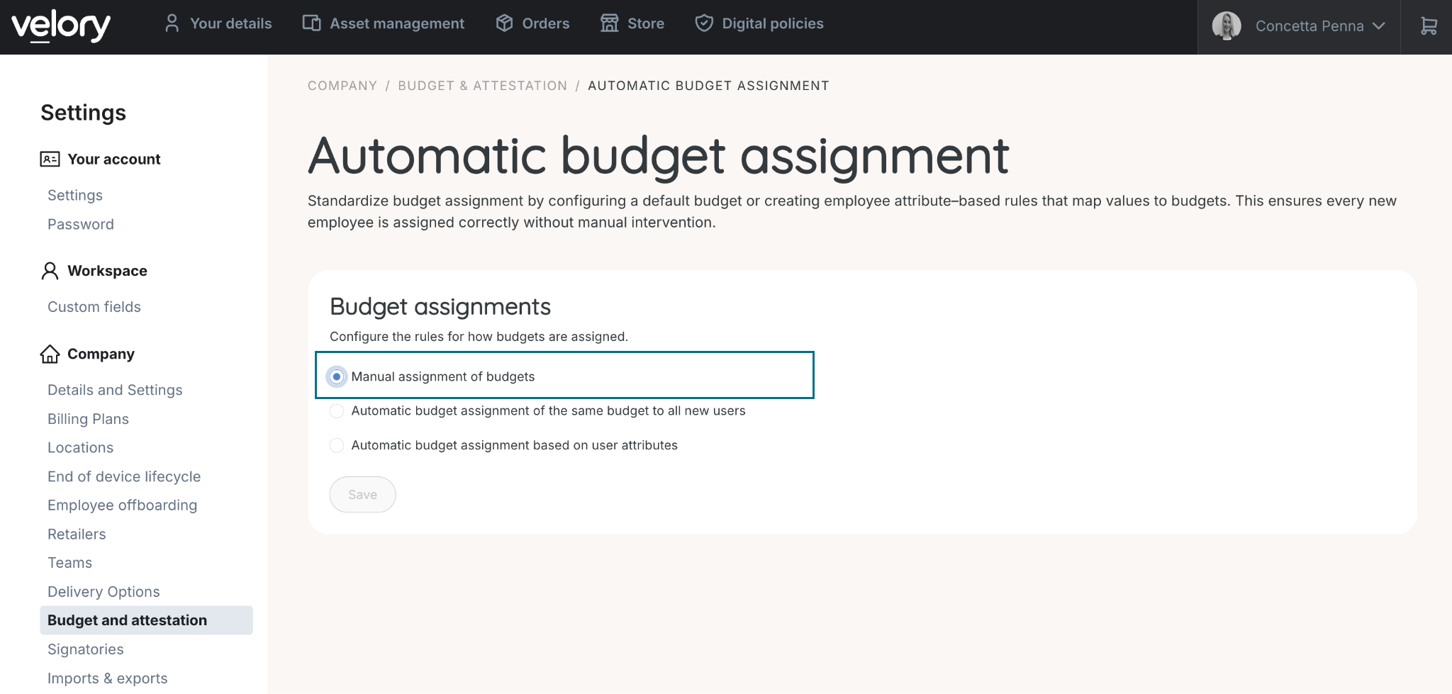 For admins: Automatic budget assignment – Velory Helpcenter